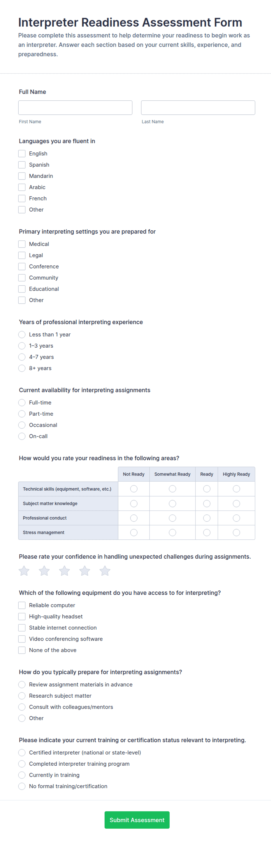 Interpreter Readiness Assessment Form Template | Jotform