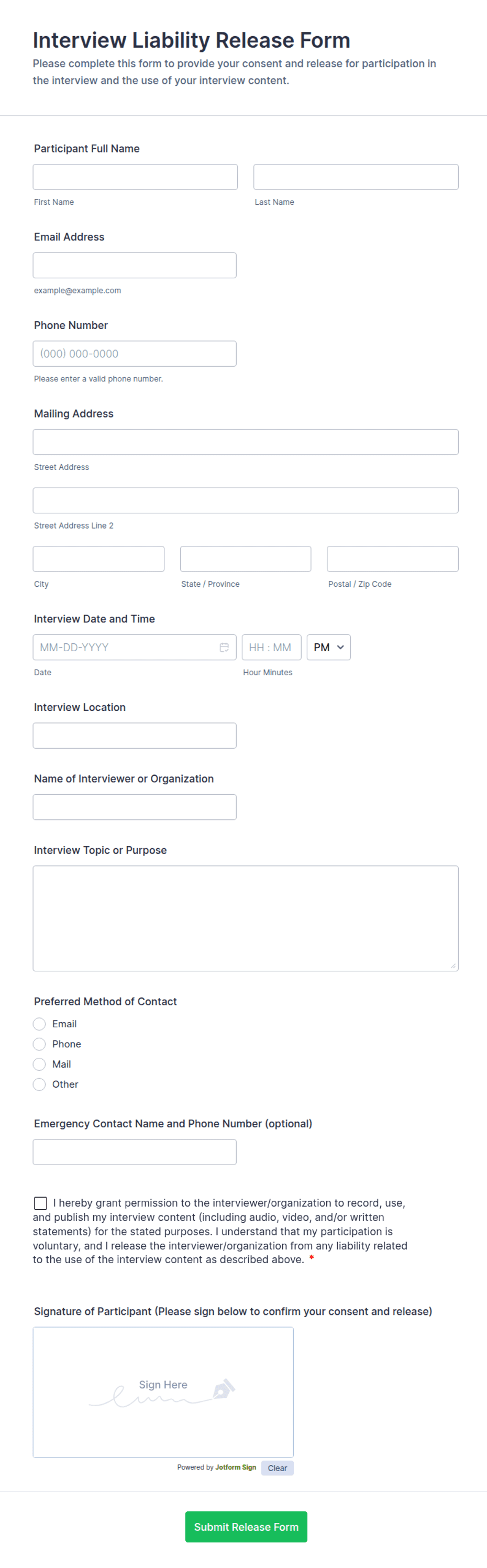 Interview Liability Release Form Template | Jotform