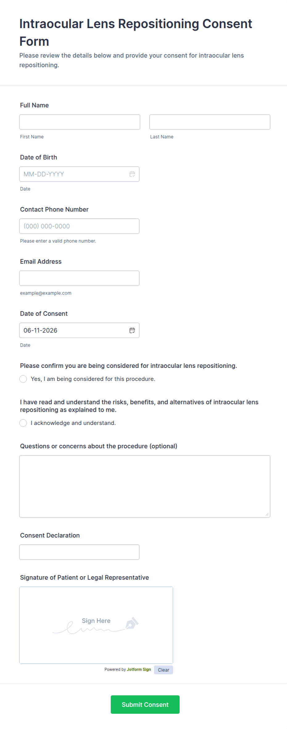 Intraocular Lens Repositioning Consent Form Template | Jotform