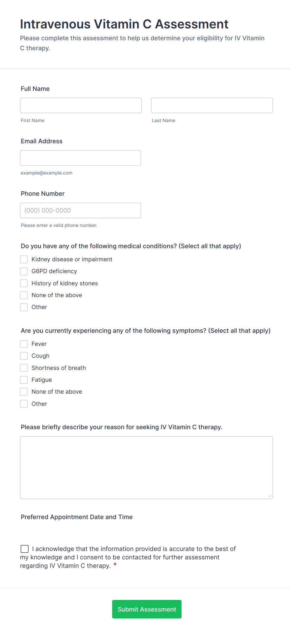 Intravenous Vitamin C Assessment Form Template | Jotform