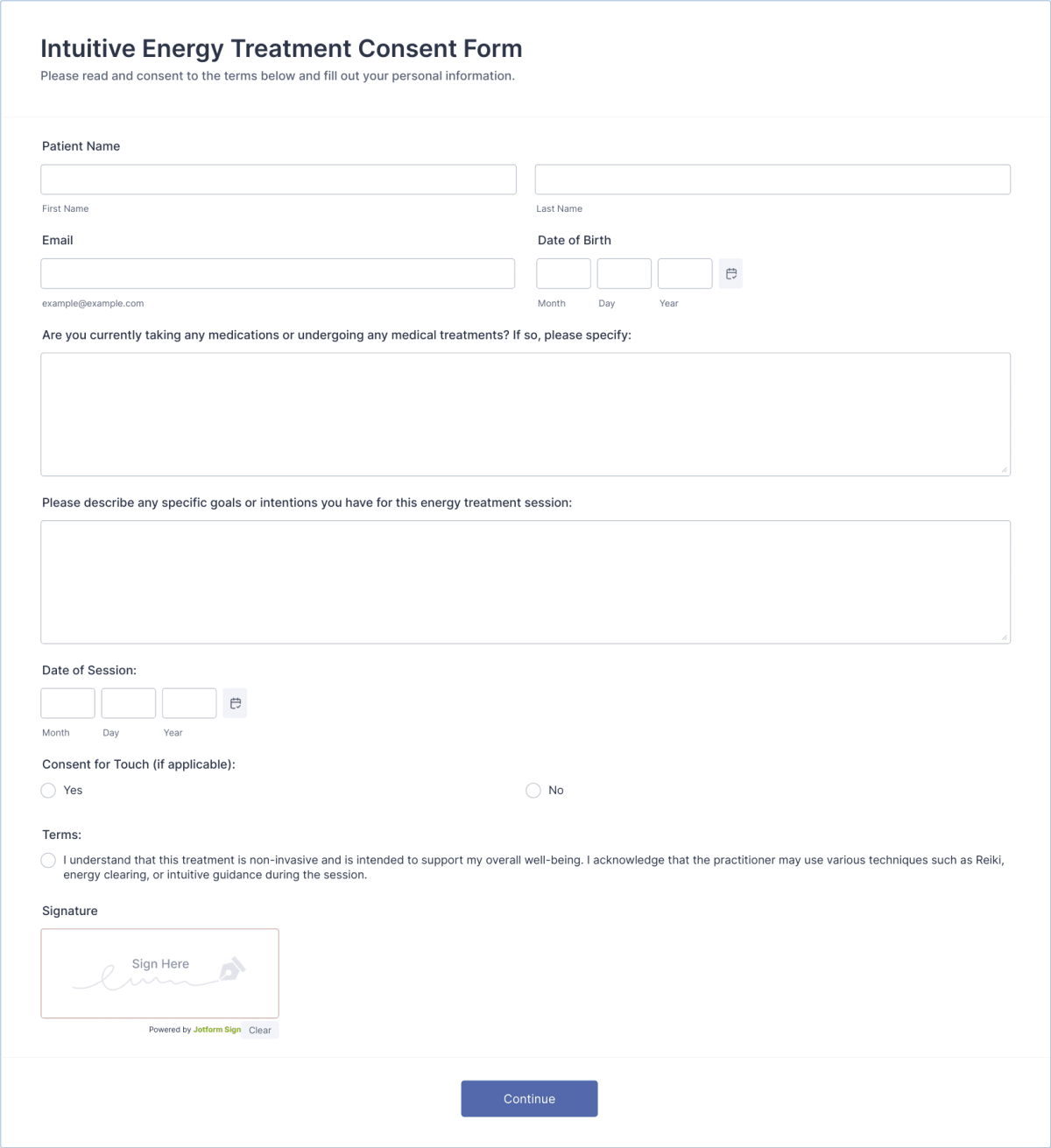 Intuitive Energy Treatment Consent Form Template | Jotform