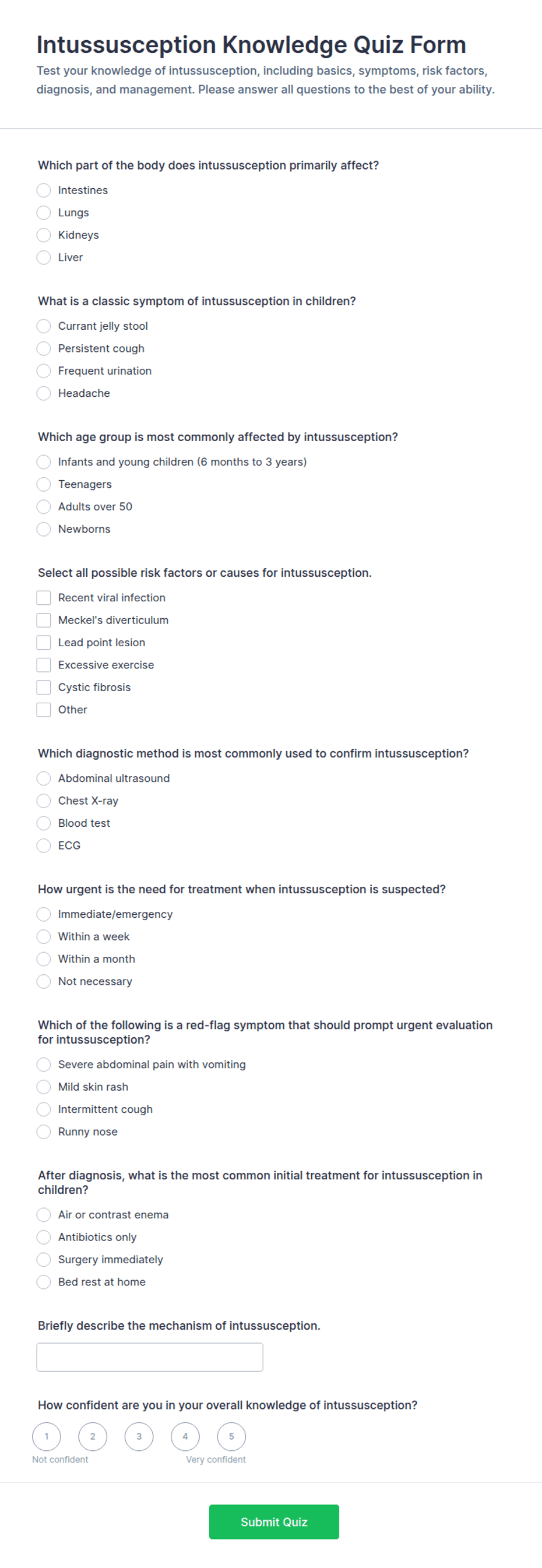 Intussusception Knowledge Quiz Form Template | Jotform