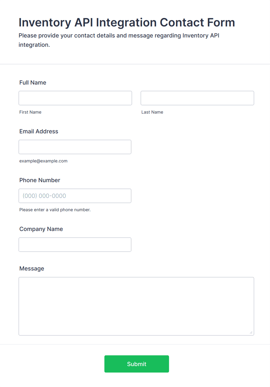 Inventory API Integration Contact Form Template | Jotform