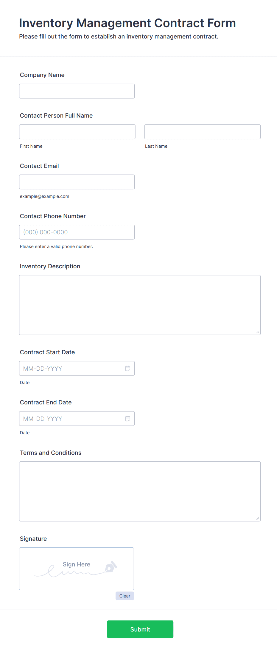 Inventory Management Contract Form Template | Jotform