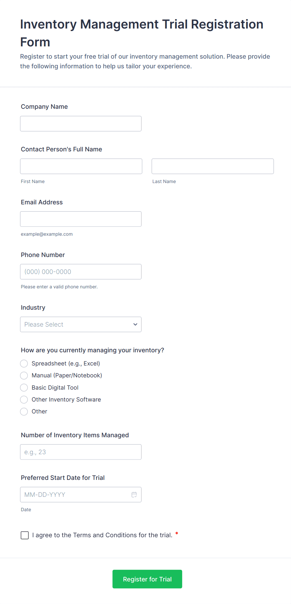 Inventory Management Trial Registration Form Template | Jotform