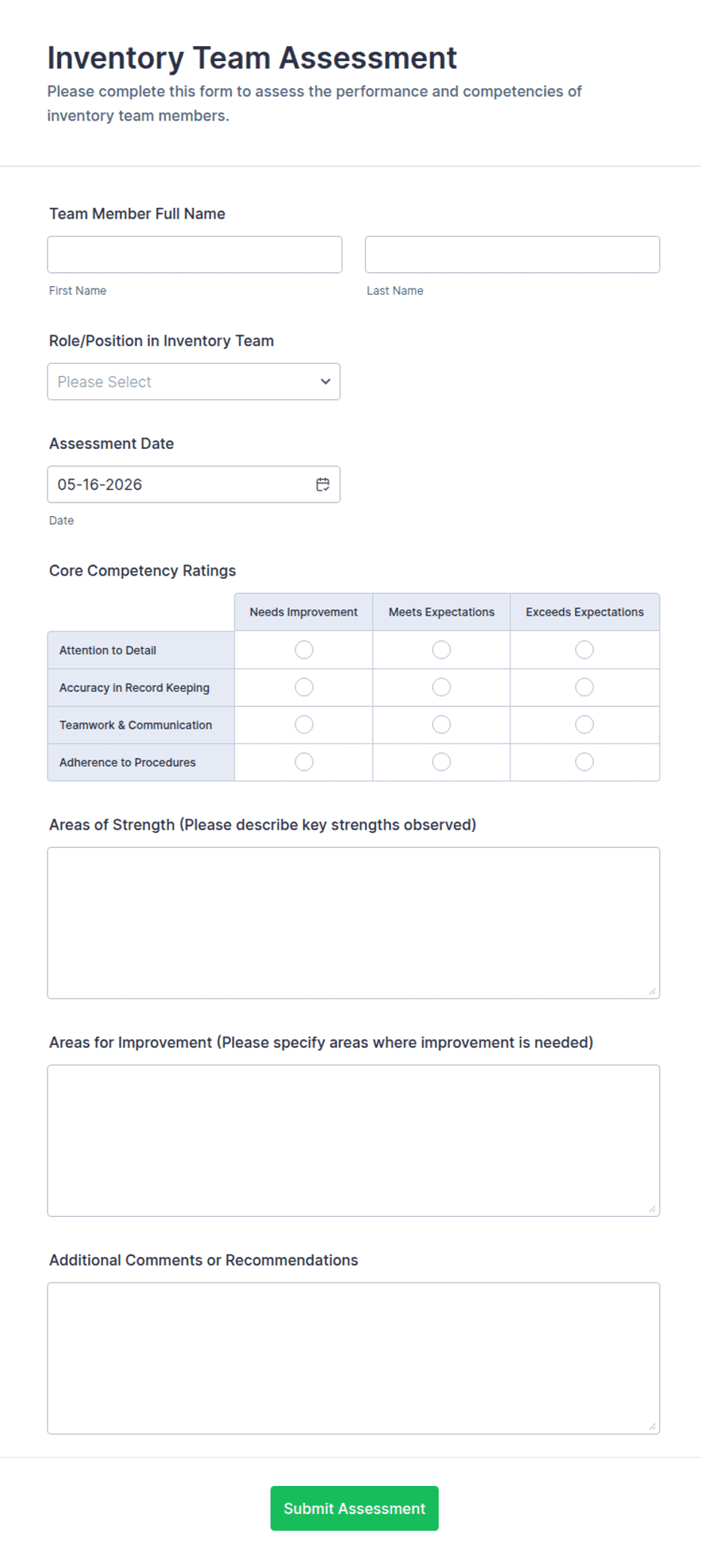 Inventory Team Assessment Form Template | Jotform