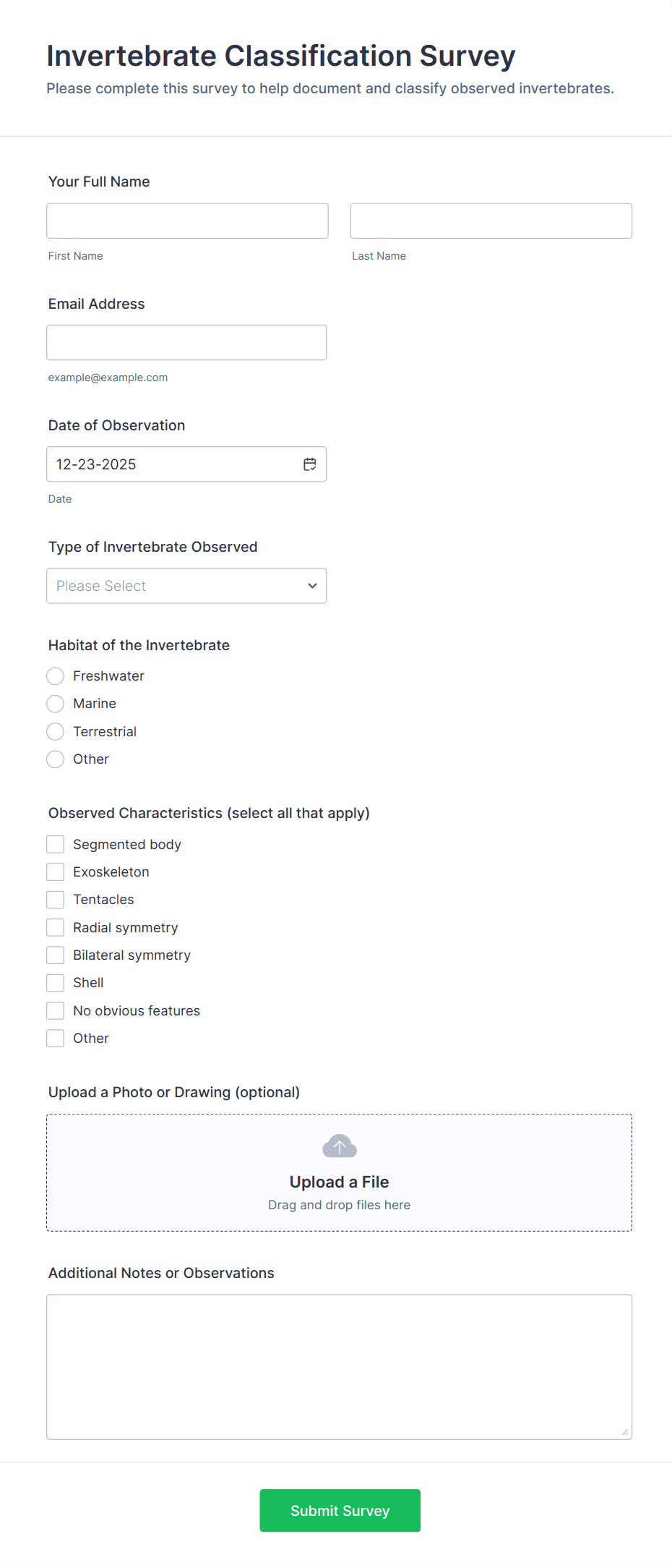 Invertebrate Classification Survey Form Template | Jotform