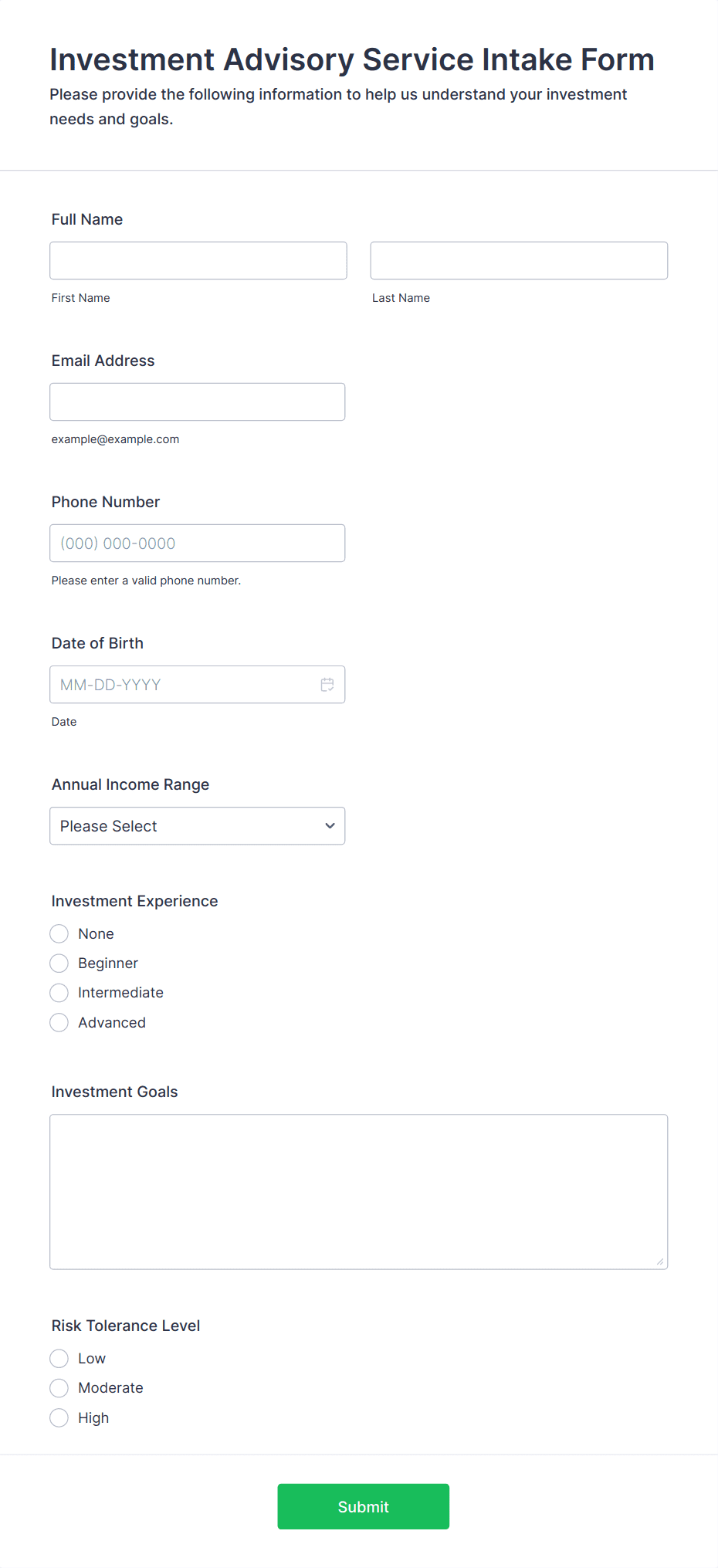Investment Advisory Service Intake Form Template | Jotform