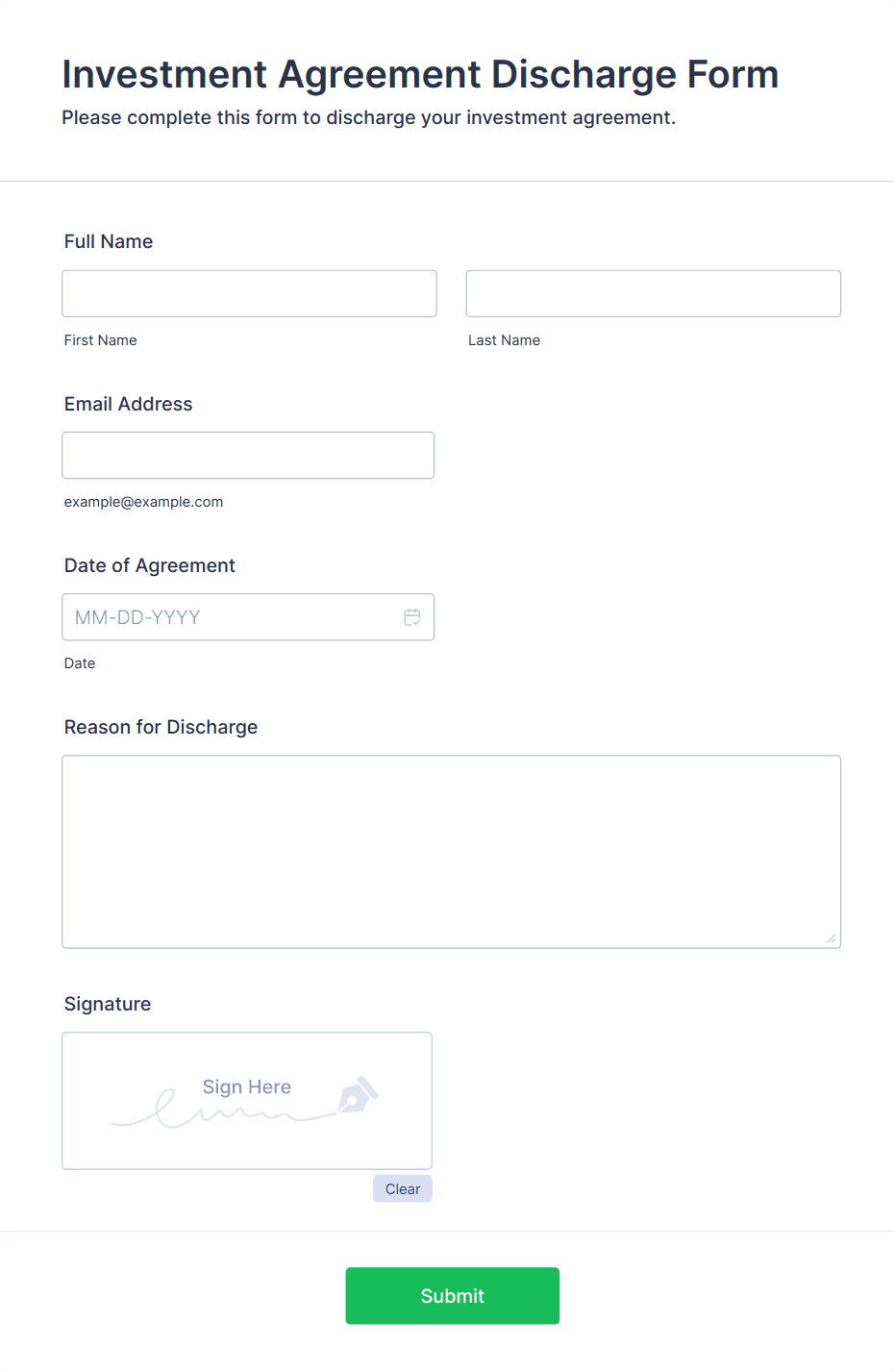 Investment Agreement Discharge Form Template | Jotform