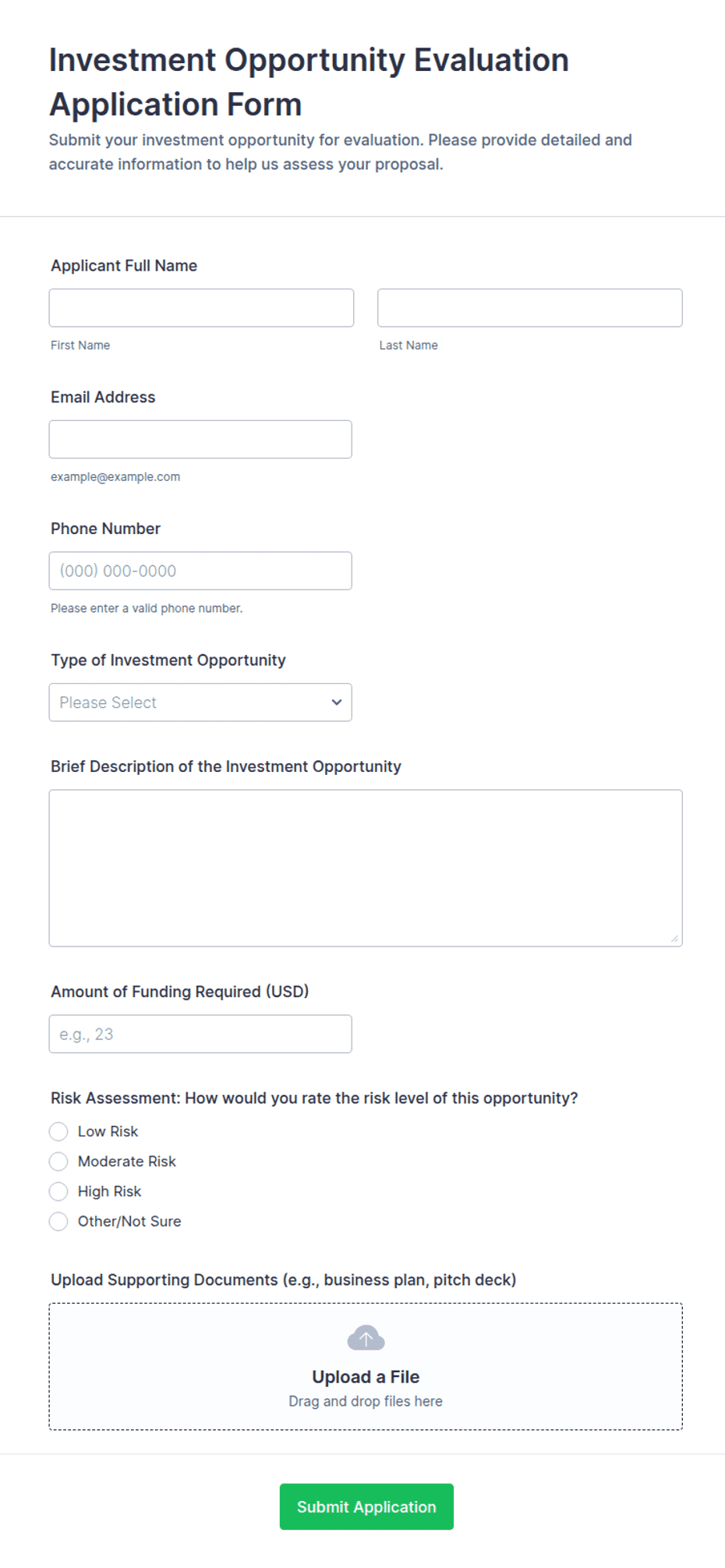 Investment Opportunity Evaluation Application Form Template | Jotform