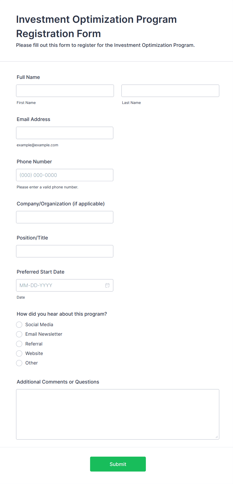 Investment Optimization Program Registration Form Template | Jotform
