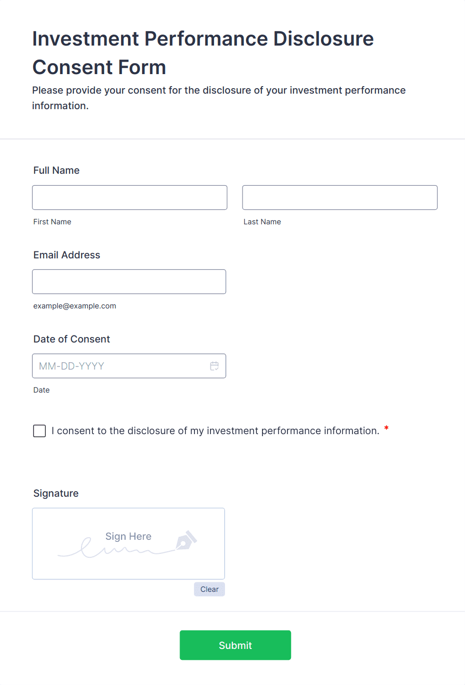 Investment Performance Disclosure Consent Form Template | Jotform