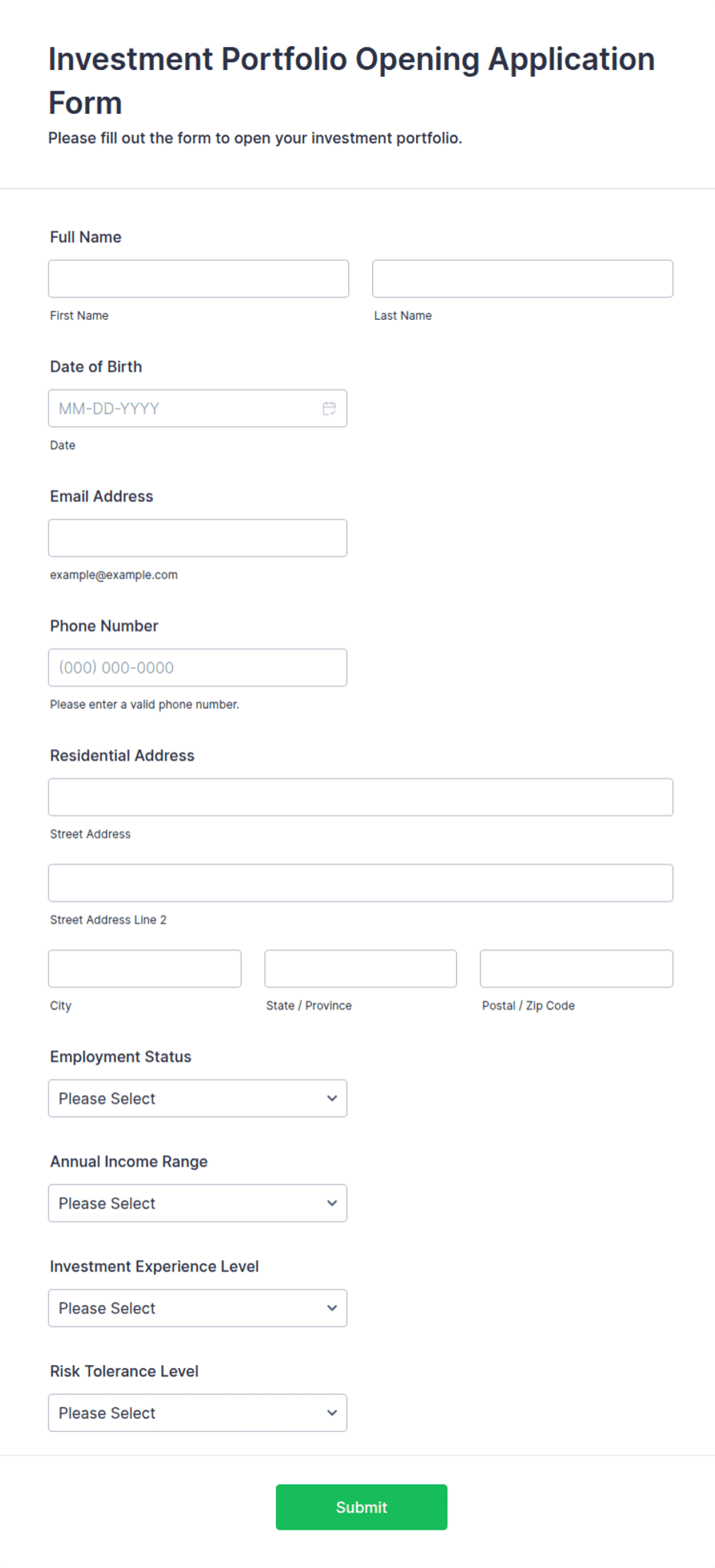 Investment Portfolio Opening Application Form | Jotform