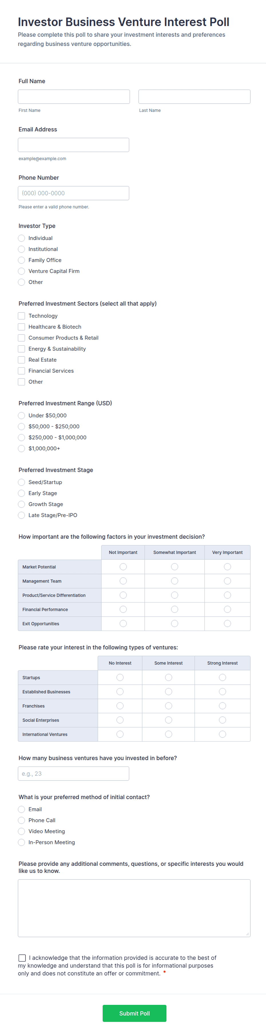 Investor Business Venture Interest Poll Form Template | Jotform