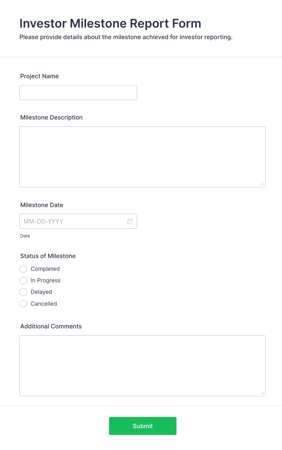 Investor Milestone Report Form Template | Jotform