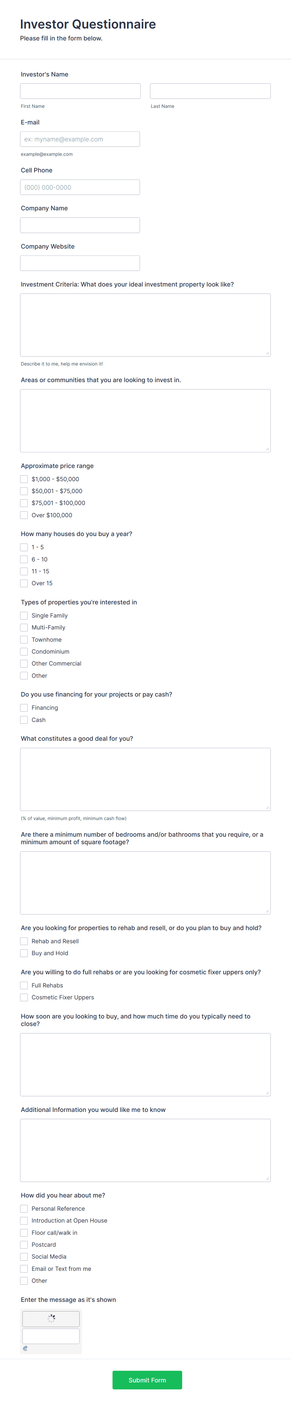 Investors Questionnaire Form Template | Jotform