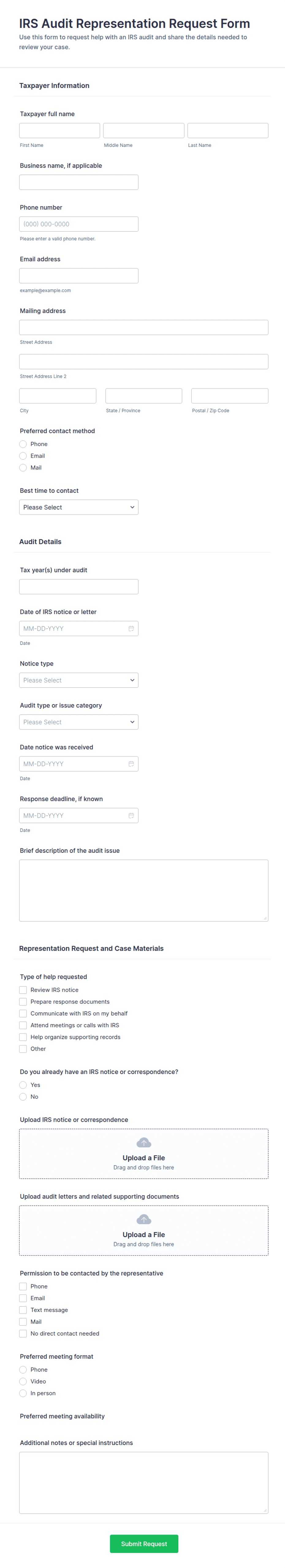 IRS Audit Representation Request Form Template | Jotform