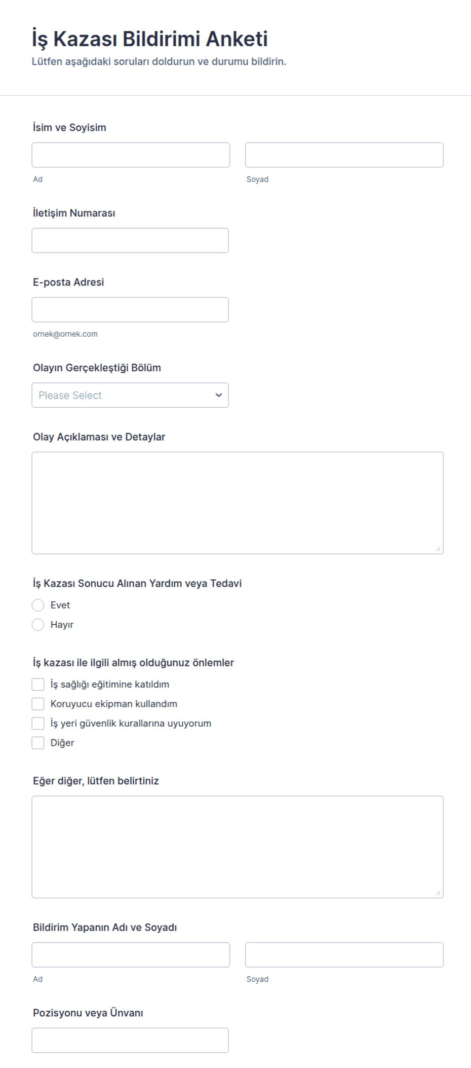 İş Kazası Bildirimi Anketi Form Şablonu | Jotform