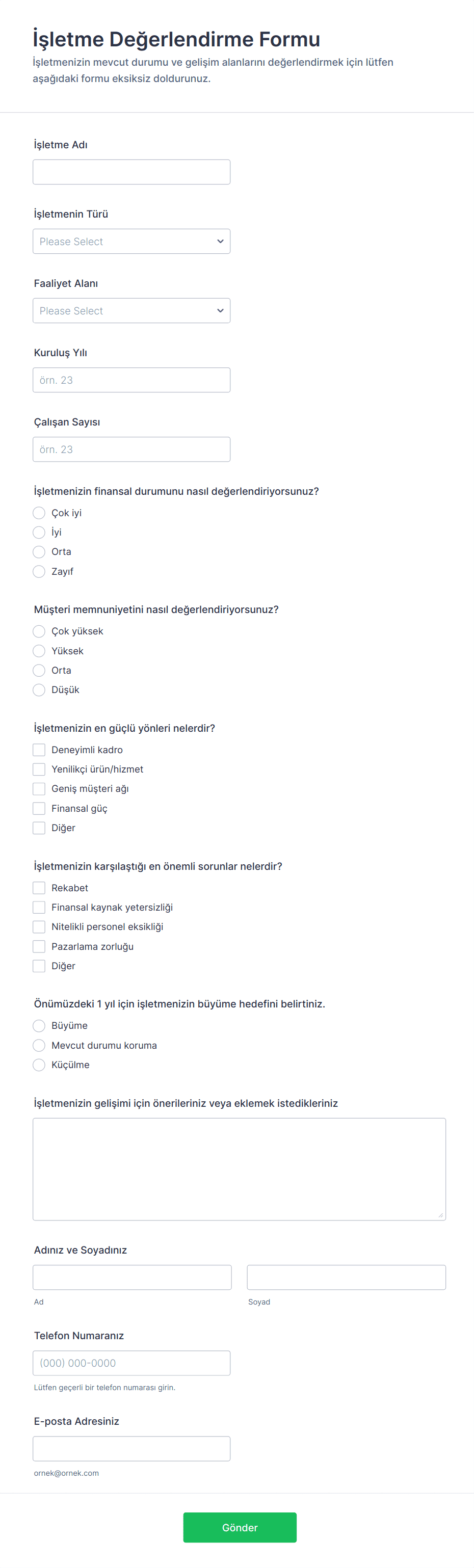 İşletme Değerlendirme Form Şablonu | Jotform