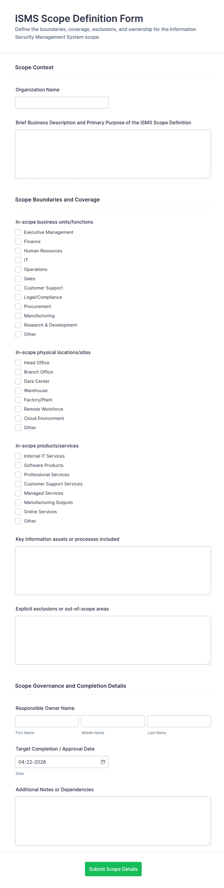 ISMS Scope Definition Form Template | Jotform