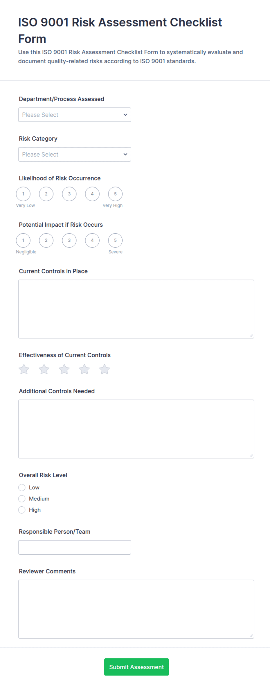 ISO 9001 Risk Assessment Checklist Form Template | Jotform