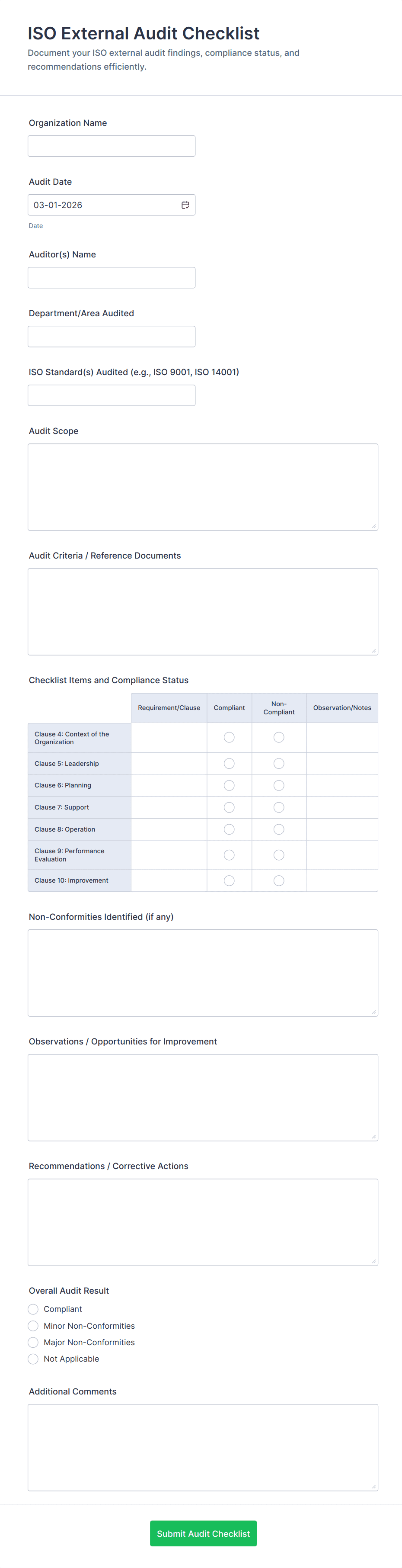 ISO External Audit Checklist Form Template | Jotform