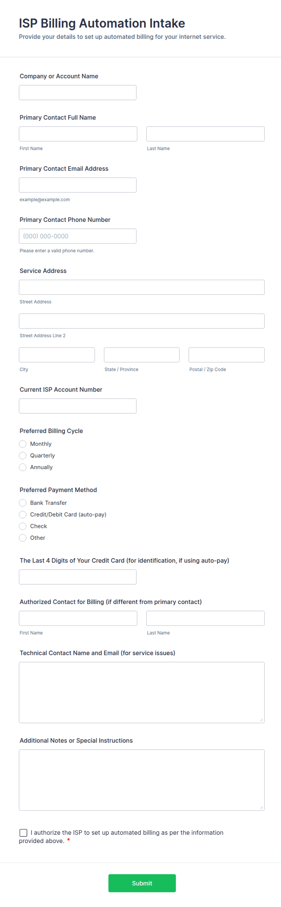 ISP Billing Automation Intake Form Template | Jotform