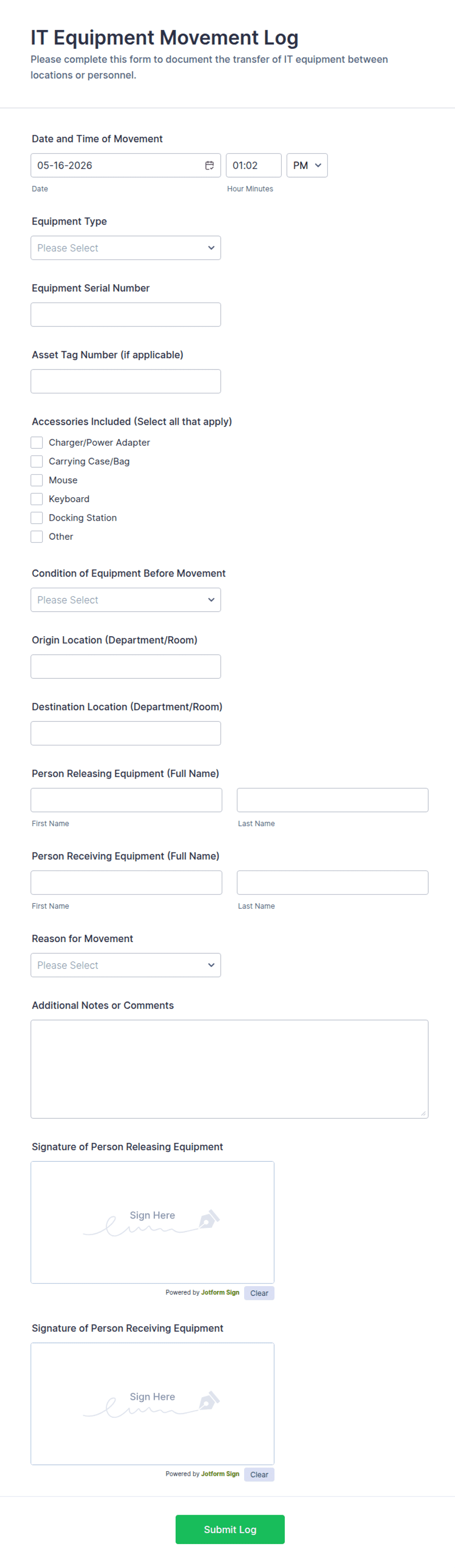 IT Equipment Movement Log Form Template | Jotform