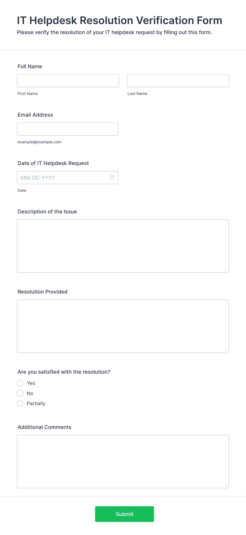 IT Helpdesk Resolution Verification Form Template | Jotform