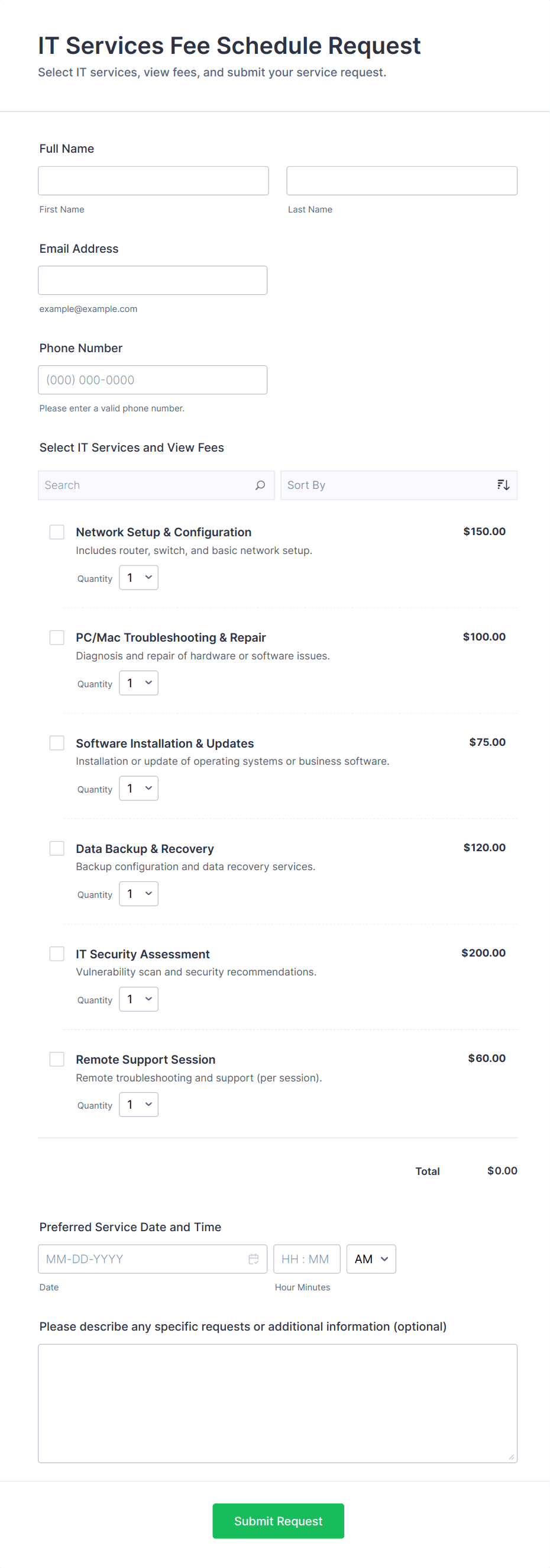 IT Services Fee Schedule Request Form Template | Jotform
