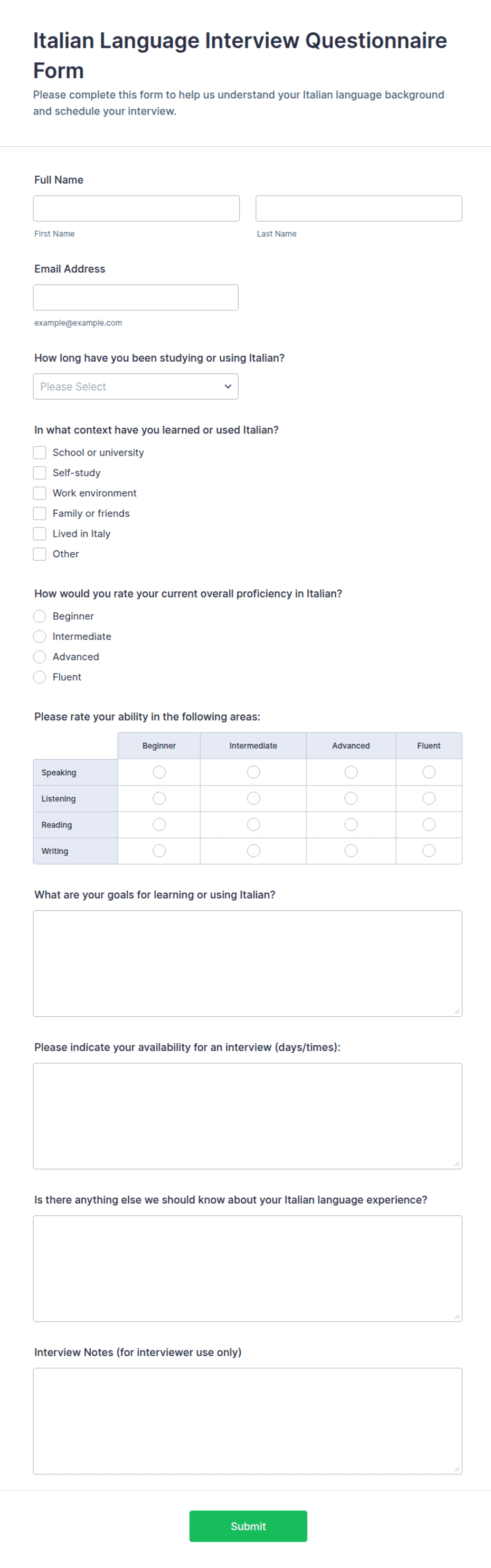 Italian Language Interview Questionnaire Form Template | Jotform