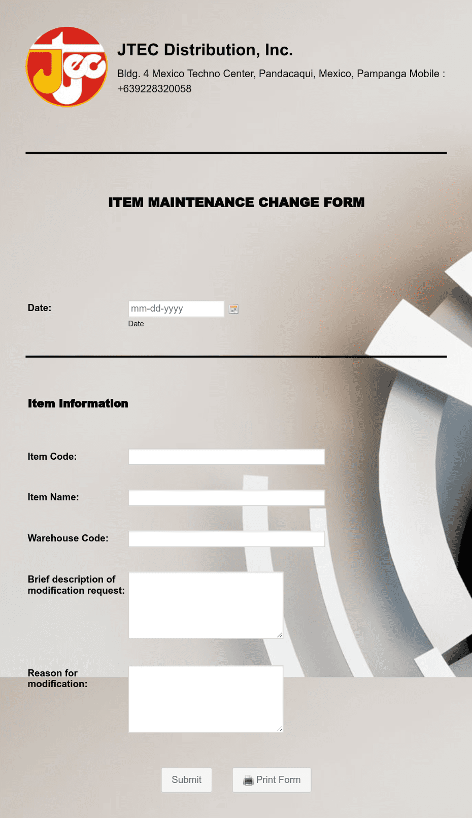 Item Maintenance Change Form Template | Jotform