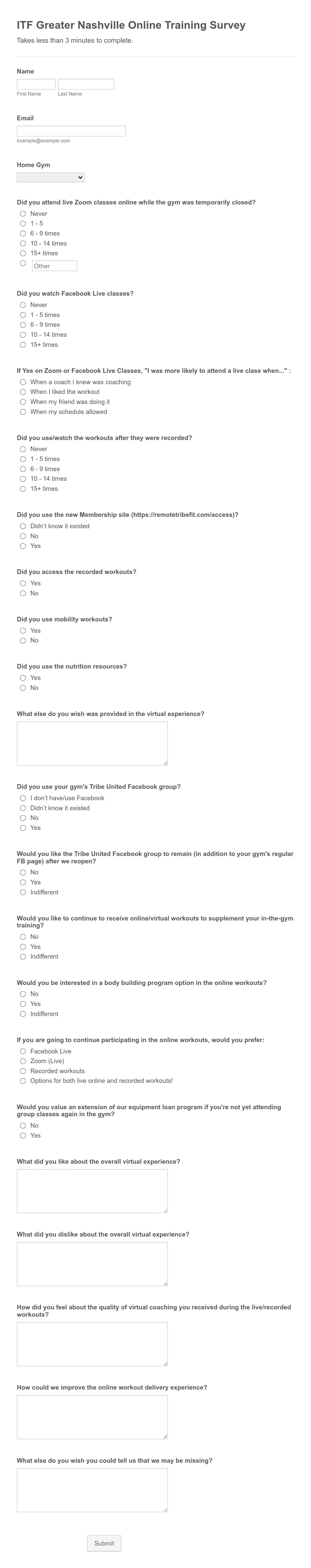ITF Nashville Virtual Training Survey Form Template | Jotform
