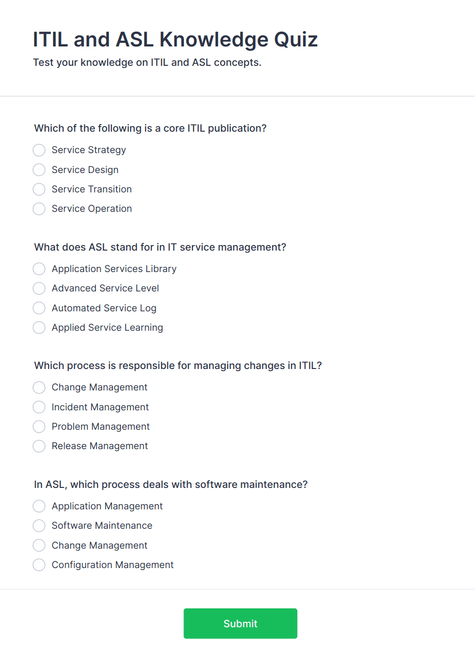 ITIL and ASL Knowledge Quiz Form Template | Jotform