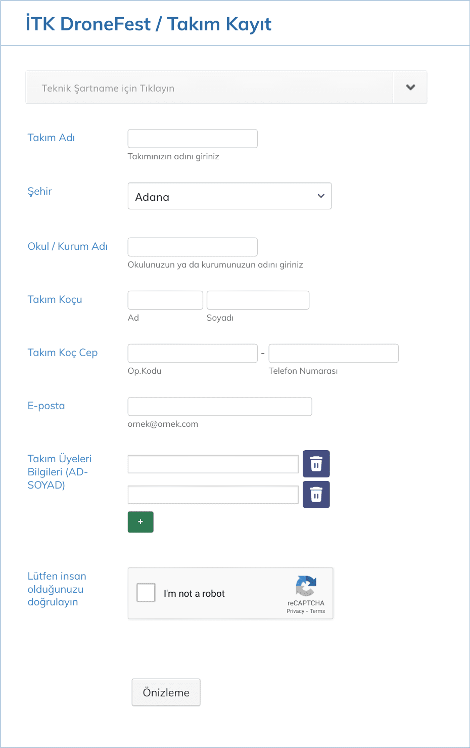 İTK DroneFest / Takım Kayıt Formu Örneği | Jotform