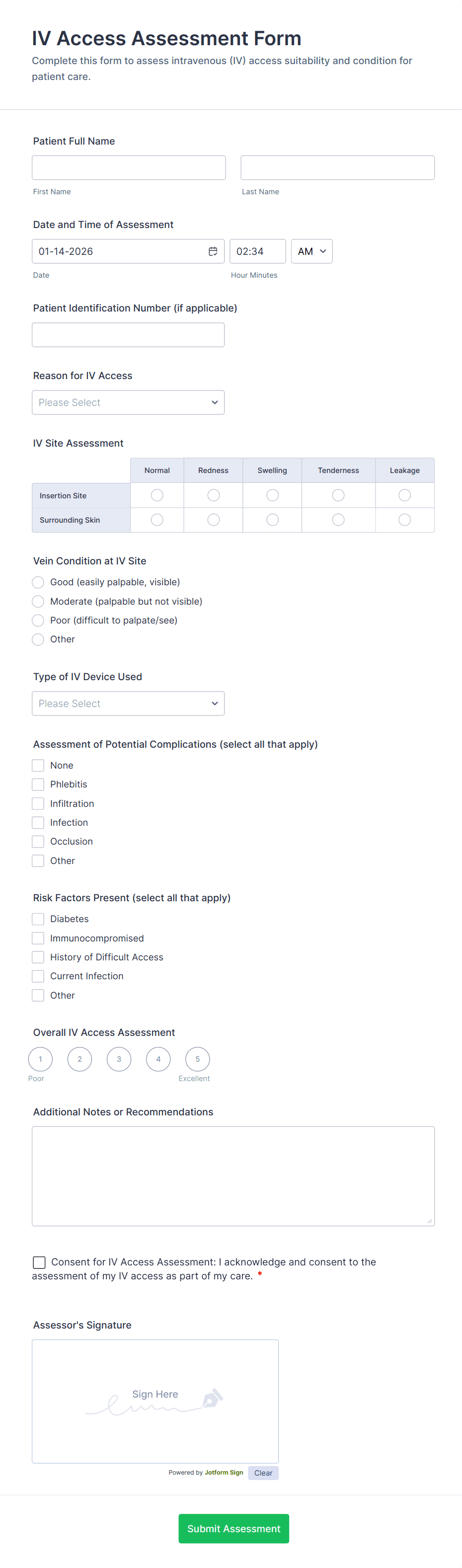 IV Access Assessment Form Template | Jotform