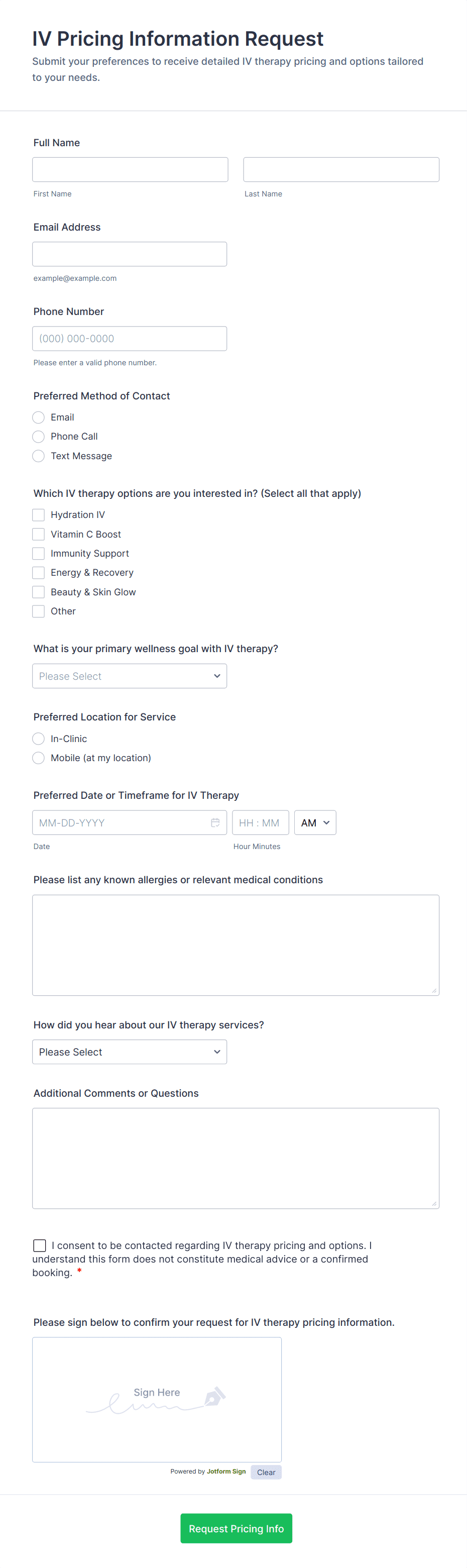 IV Pricing Information Request Form Template | Jotform