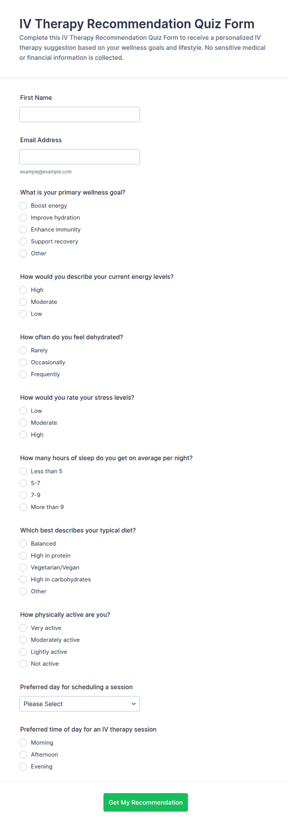 IV Therapy Recommendation Form Template | Jotform