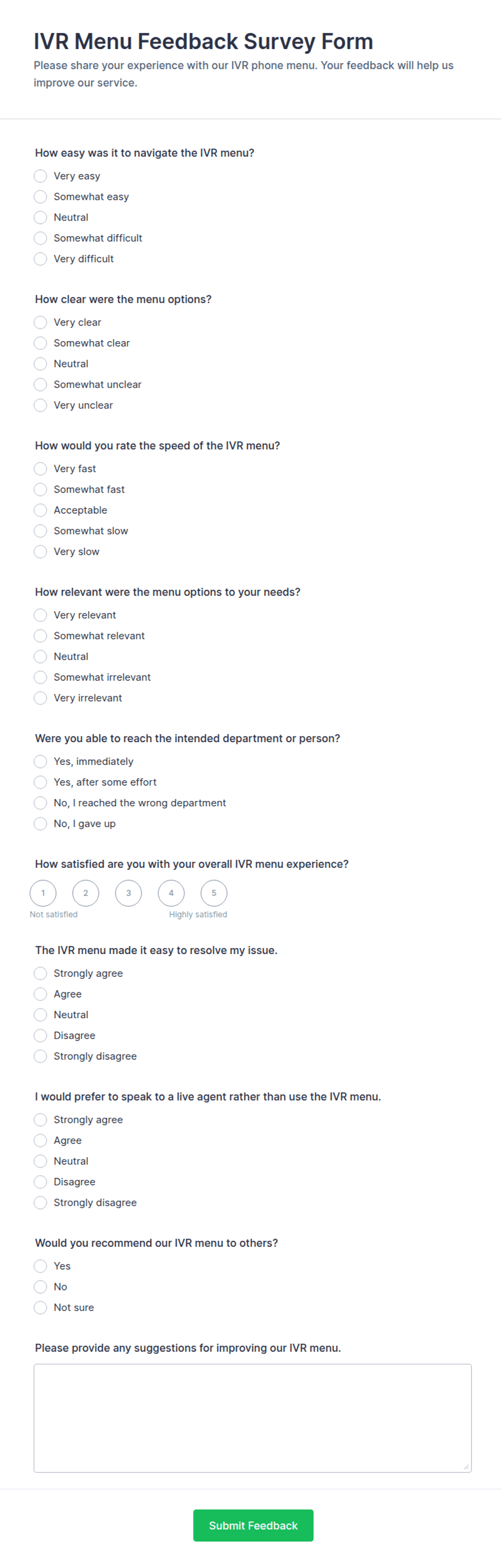 IVR Menu Feedback Survey Form Template | Jotform