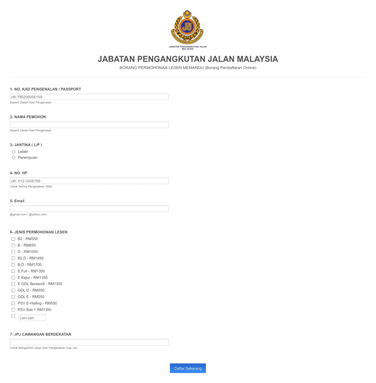 Jabatan Pengangkutan Jalan - Daftar Lesen Online Form Template | Jotform