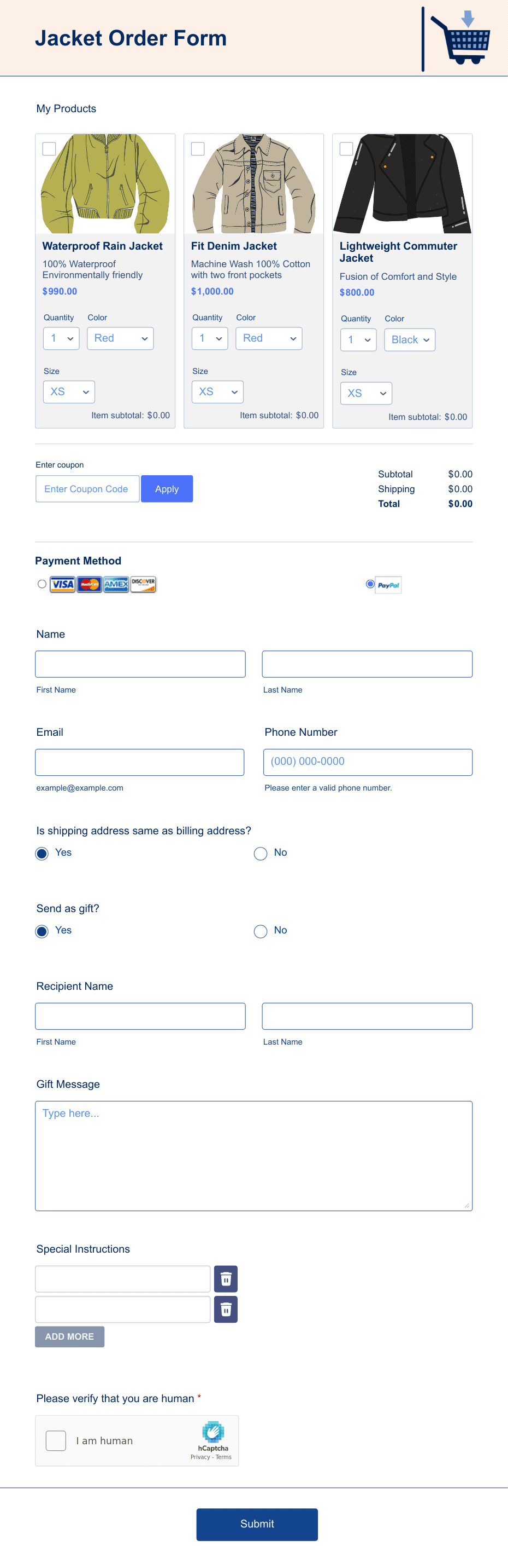 Jacket Order Form Template | Jotform