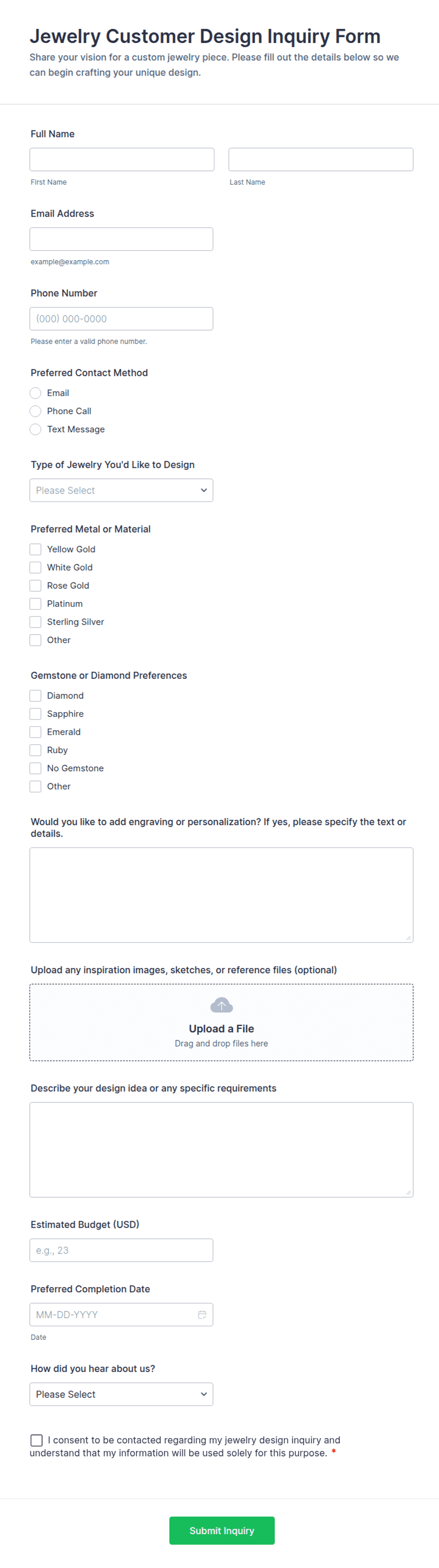 Jewelry Customer Design Inquiry Form Template | Jotform