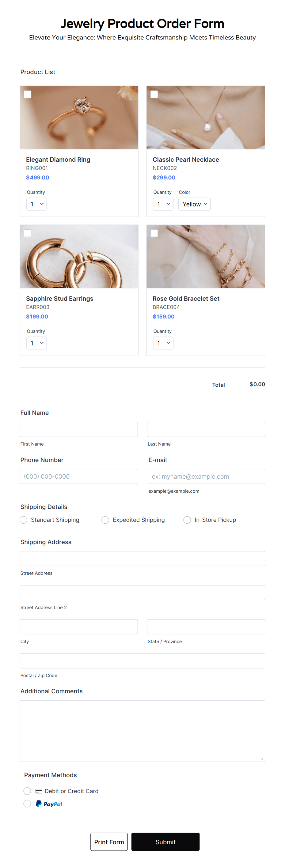 Jewelry Product Order Form Template | Jotform