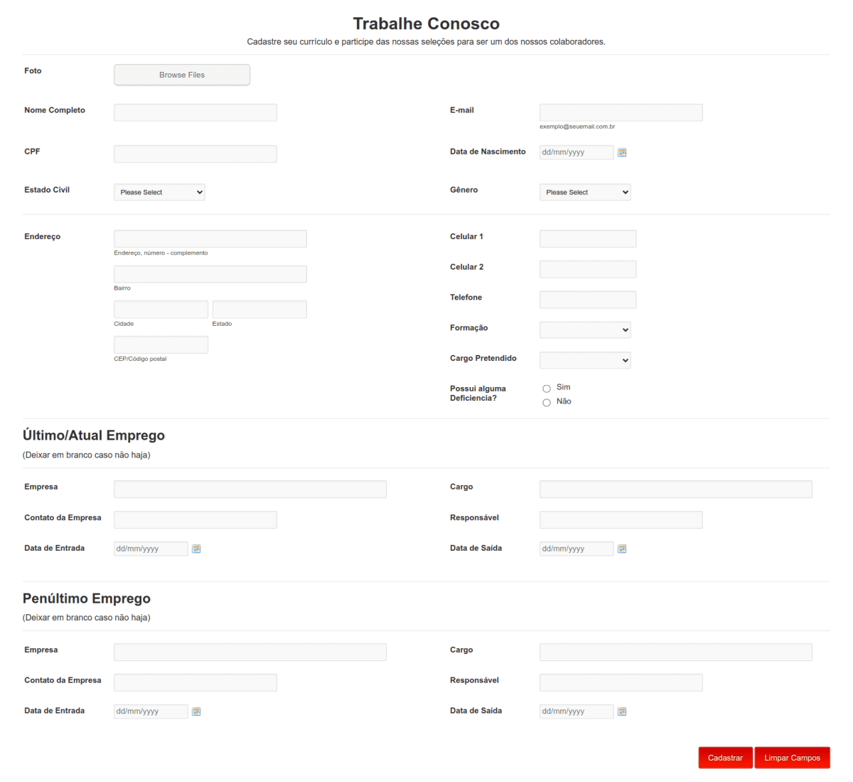 Job Application Form in Portuguese Modelo de Formulário | Jotform
