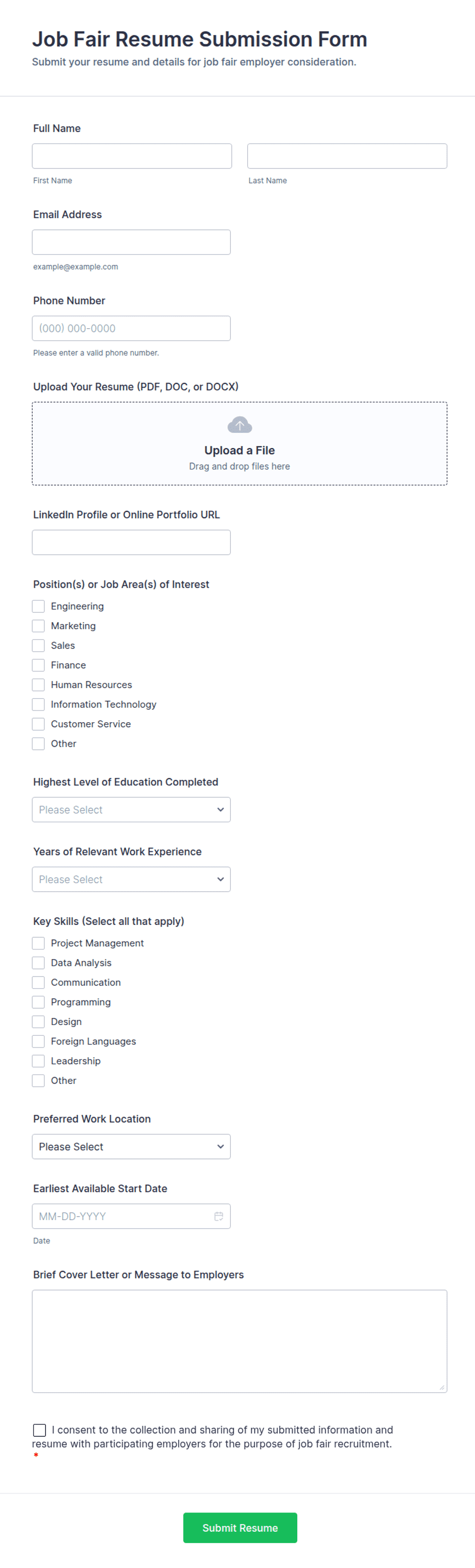 Job Fair Resume Submission Form Template | Jotform