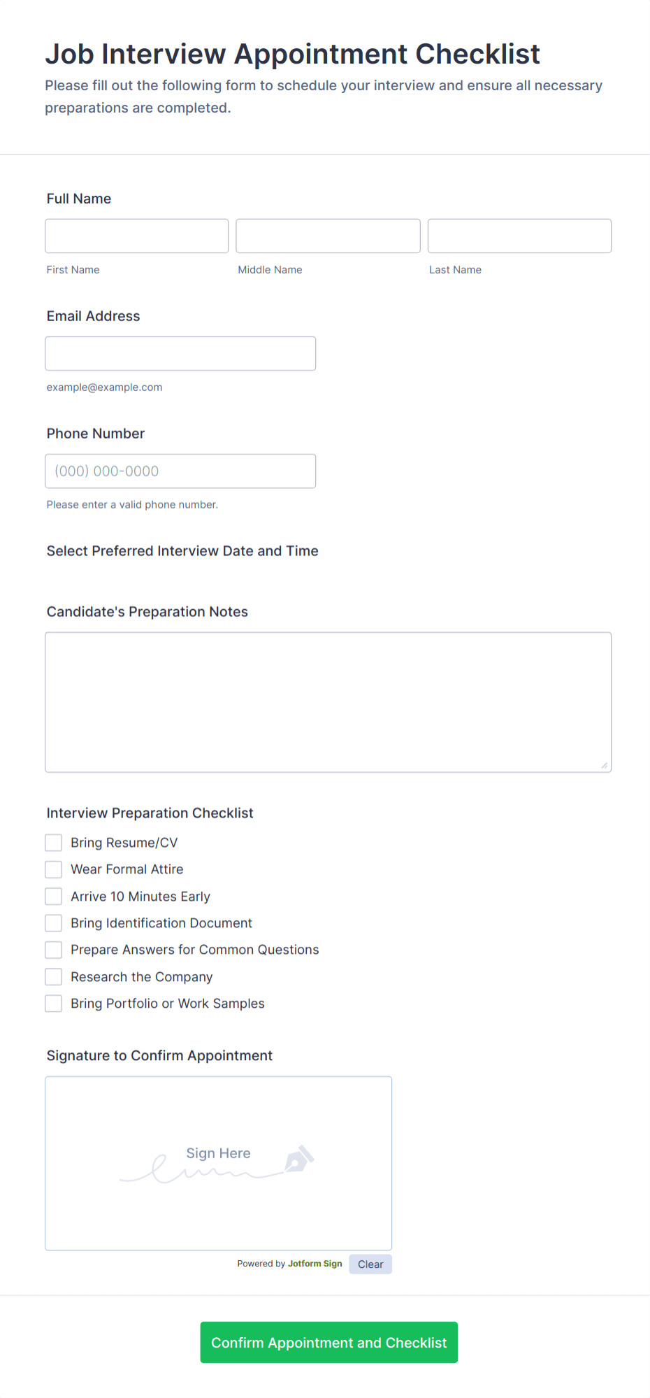 Job Interview Appointment Checklist Form Template | Jotform