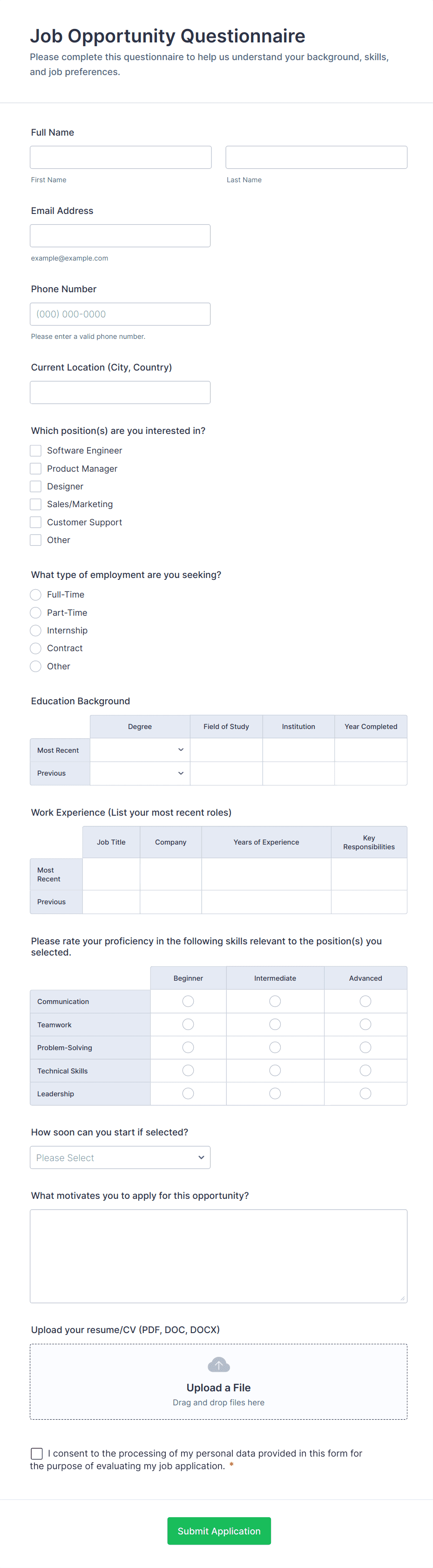 Job Opportunity Questionnaire Form Template | Jotform