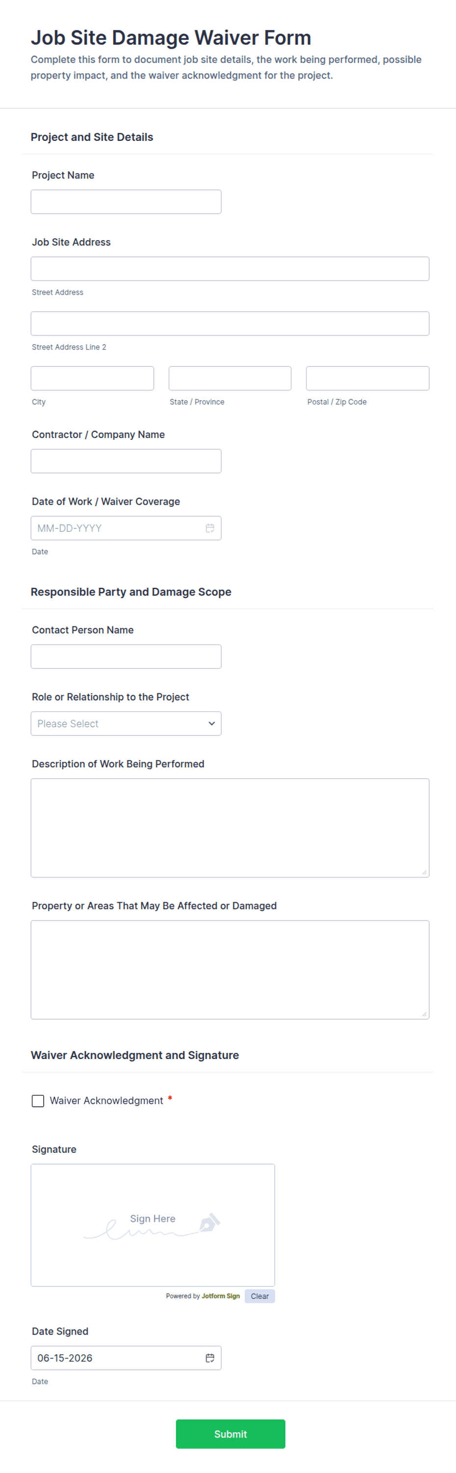 Job Site Damage Waiver Form Template | Jotform
