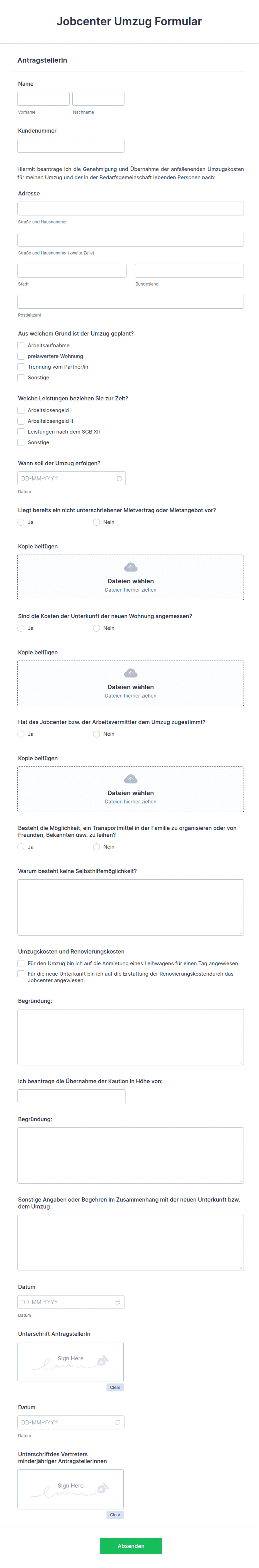 Jobcenter Umzug Formular Formularvorlage | Jotform