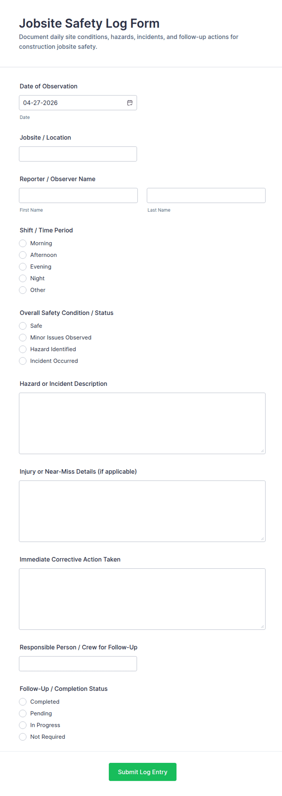 Jobsite Safety Log Form Template | Jotform